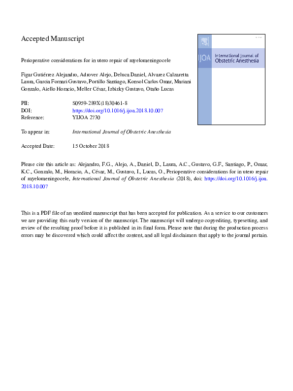 (PDF) Perioperative considerations for in utero repair of myelomeningocele