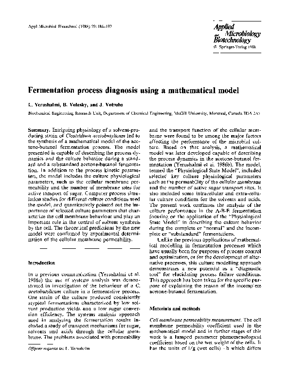 (PDF) Fermentation process diagnosis using a mathematical model