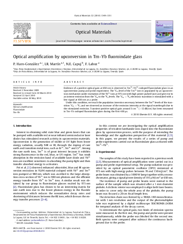 (PDF) Optical amplification by upconversion in Tm–Yb fluoroindate glass