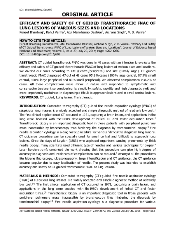 (PDF) Efficacy and Safety of CT Guided Transthoracic Fnac of Lung ...