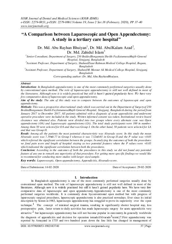 (PDF) “A Comparison between Laparoscopic and Open Appendectomy: A study in a tertiary care hospital”