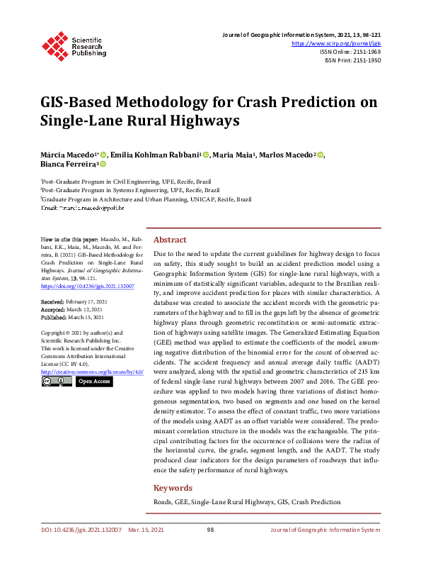 (PDF) GIS-Based Methodology for Crash Prediction on Single-Lane Rural Highways | Marlos Macedo ...