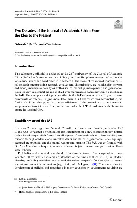 (PDF) Two Decades of the Journal of Academic Ethics: From the Idea to ...