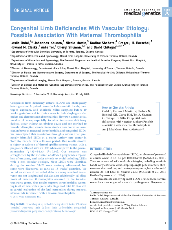 (PDF) Congenital limb deficiencies with vascular etiology: Possible ...