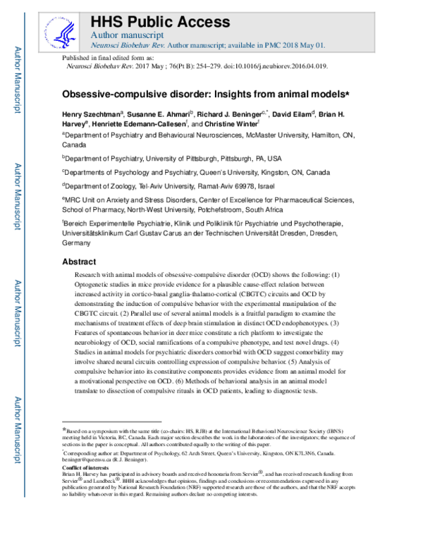 (PDF) Obsessive-compulsive disorder: Insights from animal models