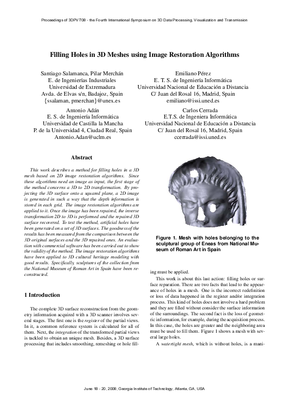 (PDF) Filling holes in 3D meshes using image restoration algorithms