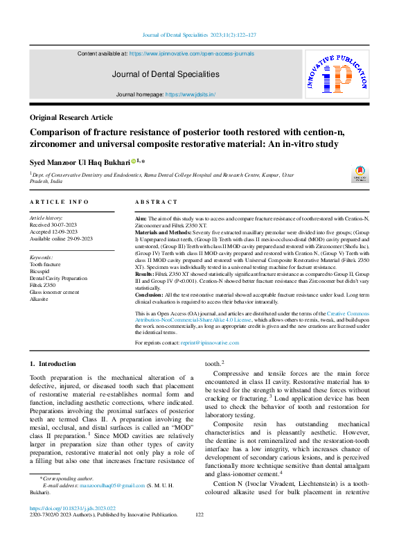 Pdf Comparison Of Fracture Resistance Of Posterior Tooth Restored With Cention N Zirconomer