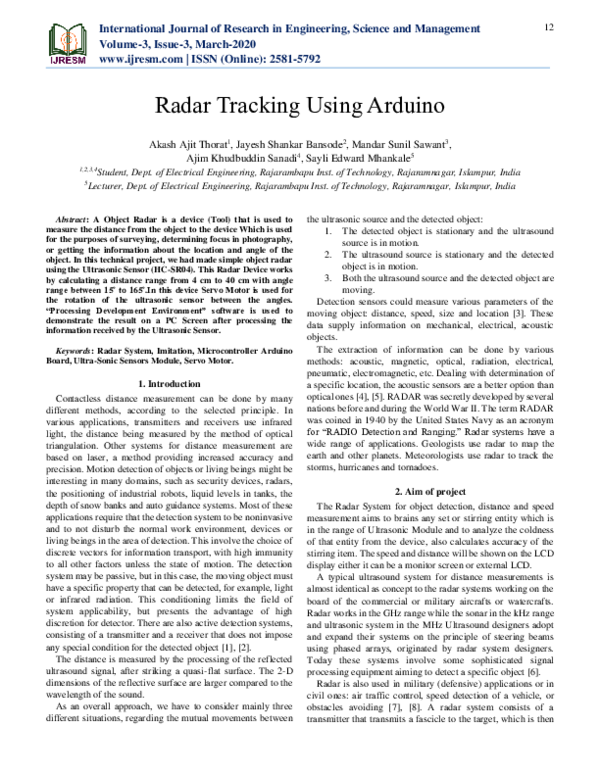 (PDF) Radar Tracking Using Arduino Akash
