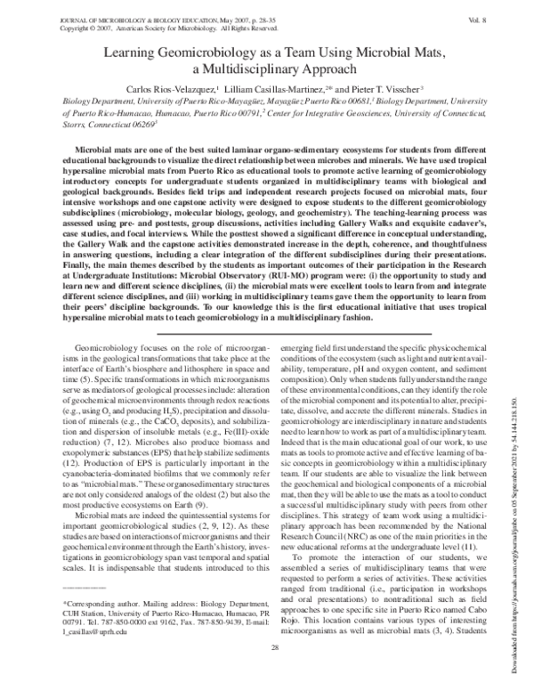 (PDF) Learning Geomicrobiology as a Team Using Microbial Mats, a ...