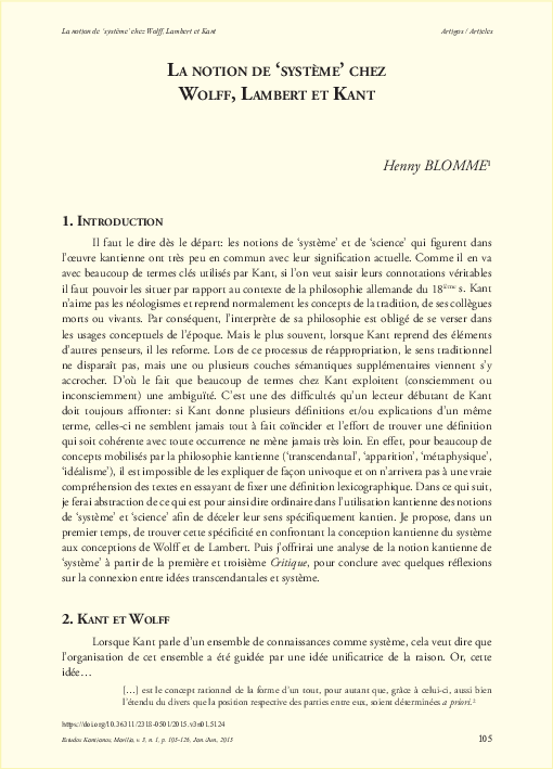 (PDF) La notion de ‘système’ chez Wolff, Lambert et Kant