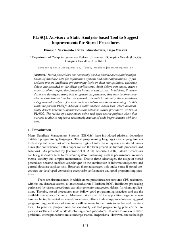 (PDF) PL / SQL Advisor : a Static Analysis-based Tool to Suggest ...
