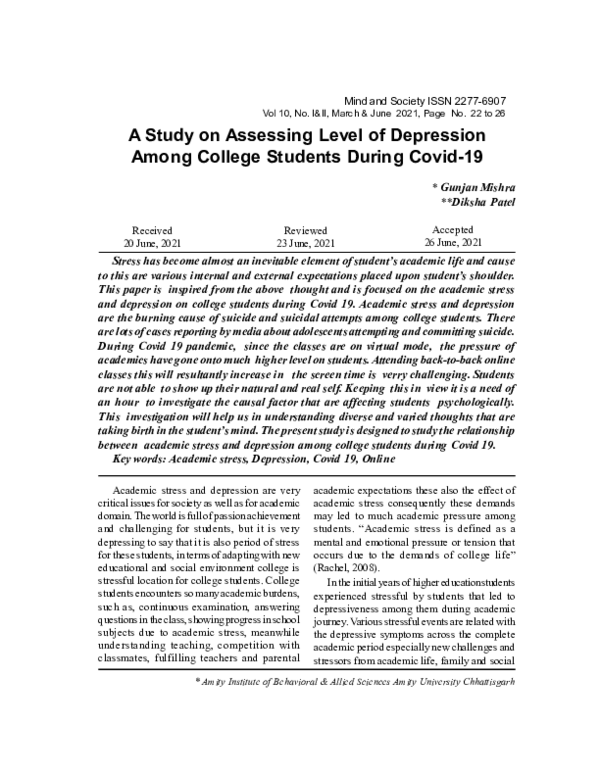 (PDF) A Study on Assessing Level of Depression Among College Students ...