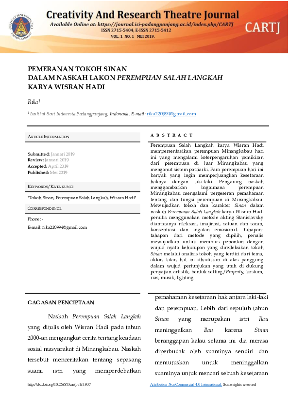 (PDF) Pemeranan Tokoh Sinan Dalam Naskah Lakon Perempuan Salah Langkah Karya Wisran Hadi