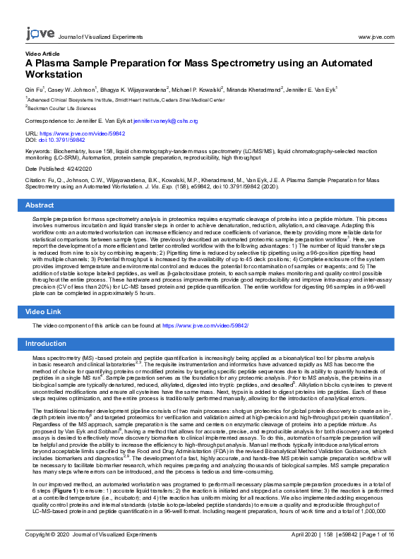 (PDF) A Plasma Sample Preparation for Mass Spectrometry using an ...