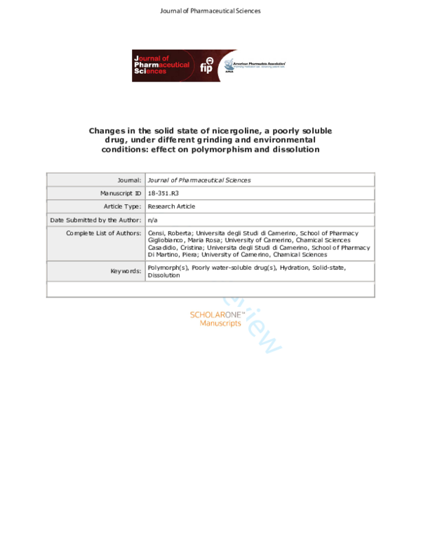 (PDF) Changes in the Solid State of Nicergoline, a Poorly Soluble Drug ...