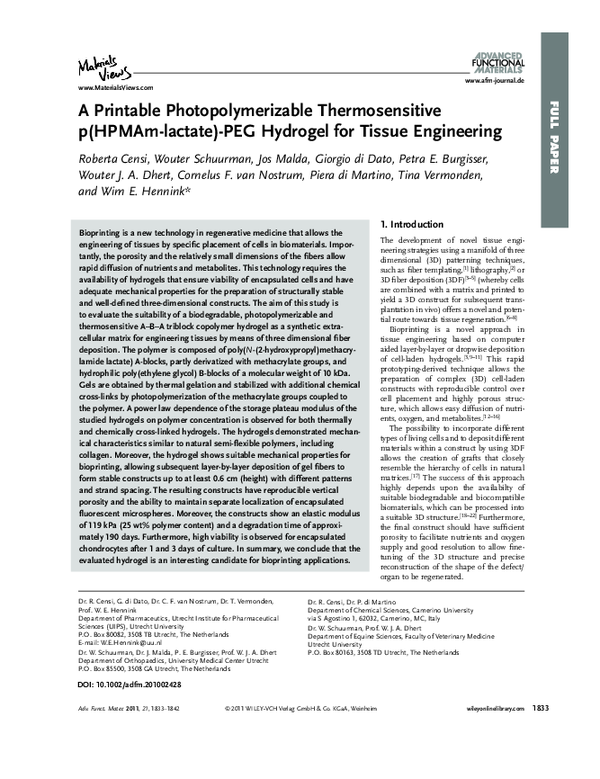 (PDF) A Printable Photopolymerizable Thermosensitive p(HPMAm-lactate)-PEG Hydrogel for Tissue ...