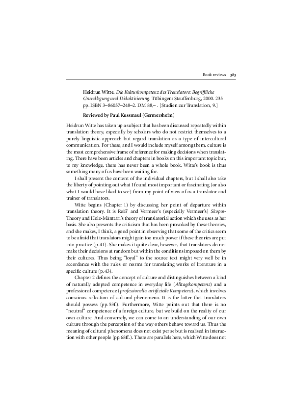 (PDF) Review of “Die Kulturkompetenz des Translators: Begriffliche Grundlegung und ...