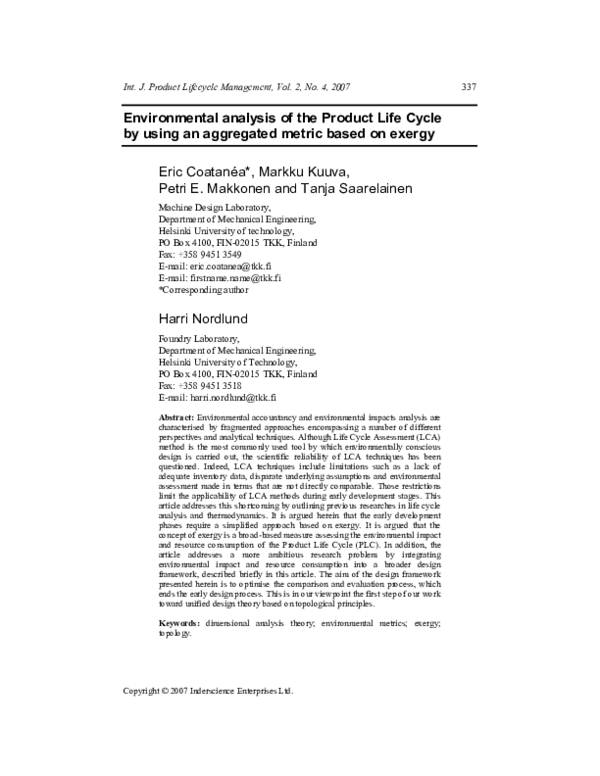 (PDF) Environmental analysis of the Product Life Cycle by using an ...