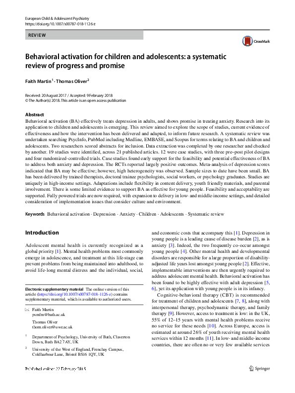 (PDF) Behavioral activation for children and adolescents: a systematic ...