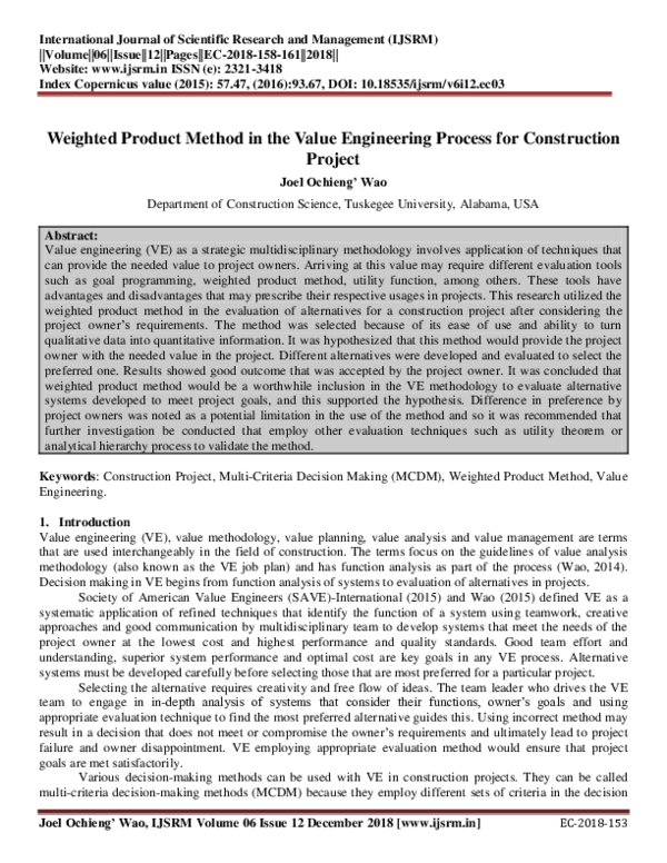 (PDF) Weighted Product Method in the Value Engineering Process for ...