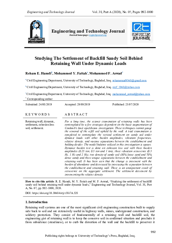 (PDF) Studying The Settlement of Backfill Sandy Soil Behind Retaining Wall Under Dynamic Loads