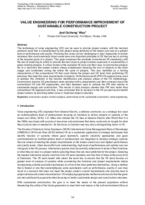 (PDF) Value Engineering for Performance Improvement of Sustainable Construction Project