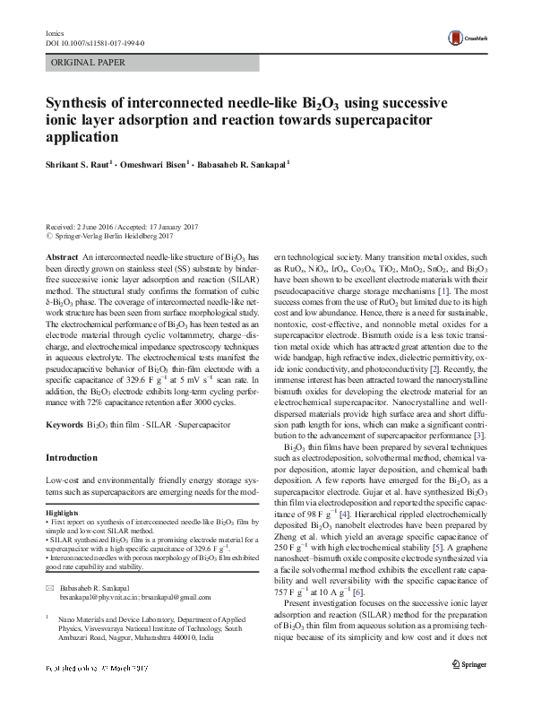 (PDF) Synthesis of interconnected needle-like Bi2O3 using successive ionic layer adsorption and ...