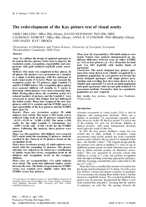 (PDF) The redevelopment of the Kay picture test of visual acuity