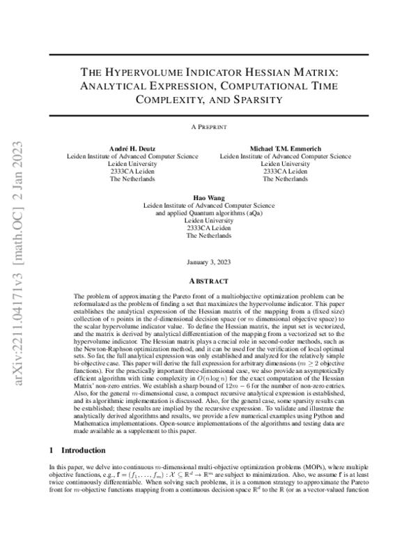 (PDF) The Hypervolume Indicator Hessian Matrix: Analytical Expression, Computational Time ...
