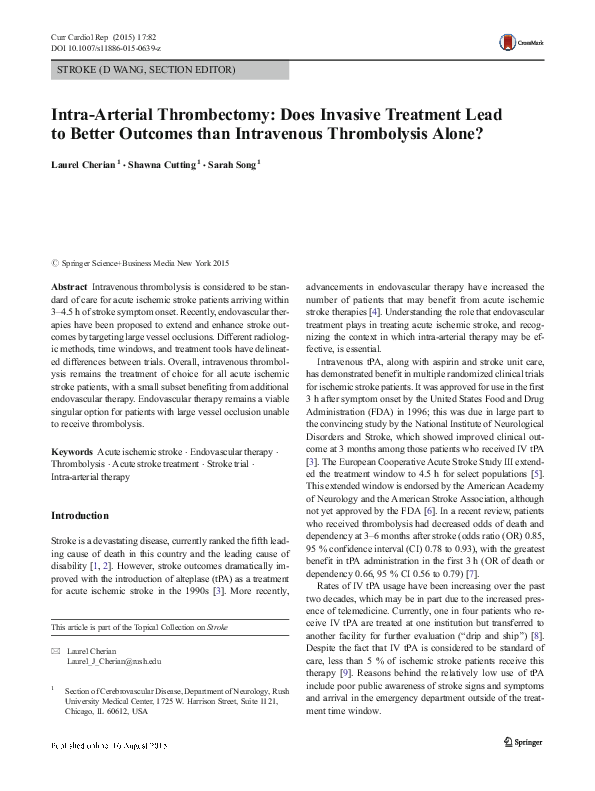 (PDF) Intra-Arterial Thrombectomy: Does Invasive Treatment Lead to Better Outcomes than ...