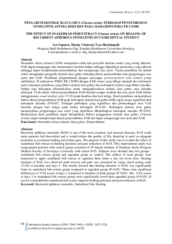 (PDF) PENGARUH EKSTRAK IKAN GABUS (Channa striata) TERHADAP PENYEMBUHAN ...