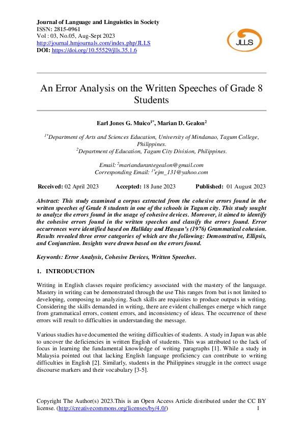 (PDF) An Error Analysis on the Written Speeches of Grade 8 Students