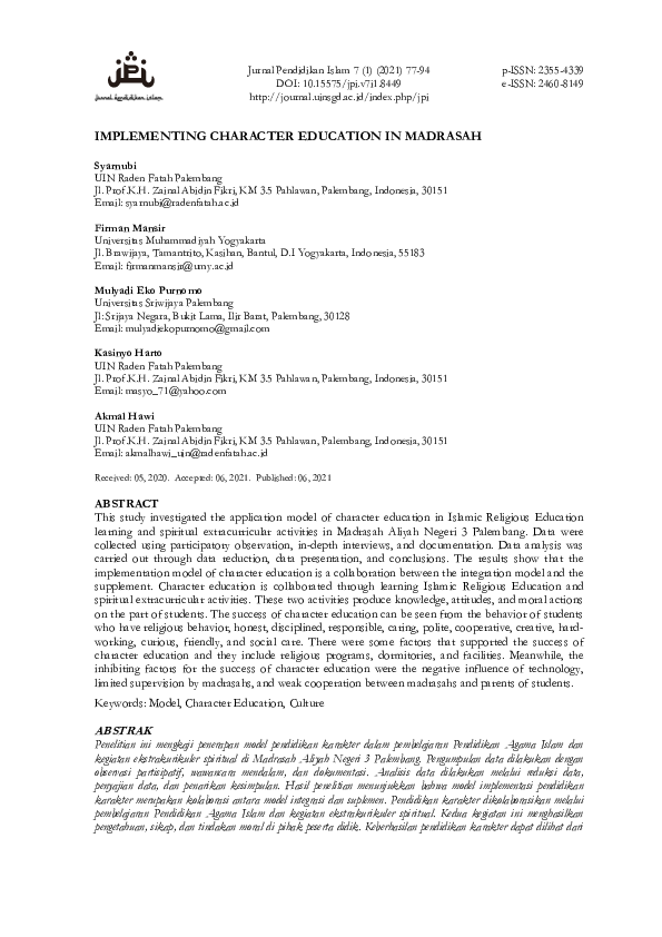 (PDF) Implementing Character Education in Madrasah