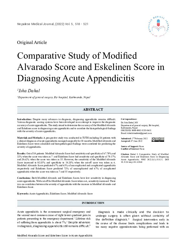(PDF) Comparative Study of Modified Alvarado Score and Eskelinen Score ...