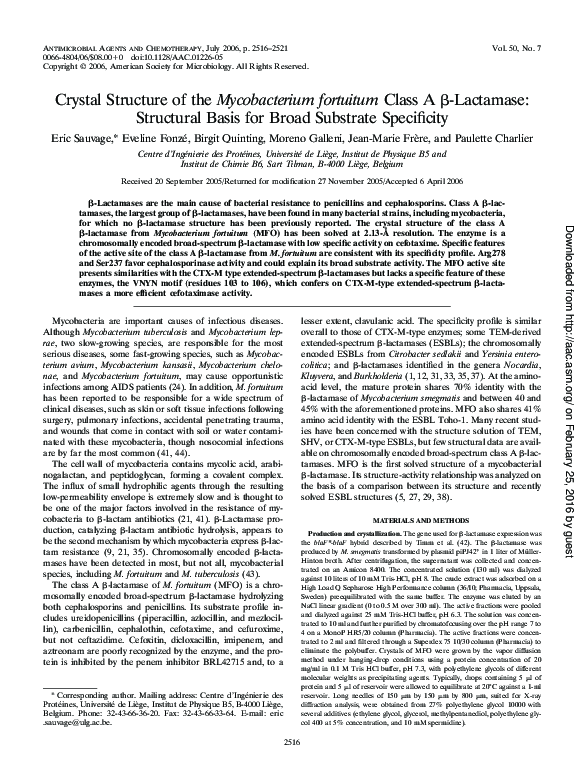(PDF) Crystal Structure of the Mycobacterium fortuitum Class A β ...