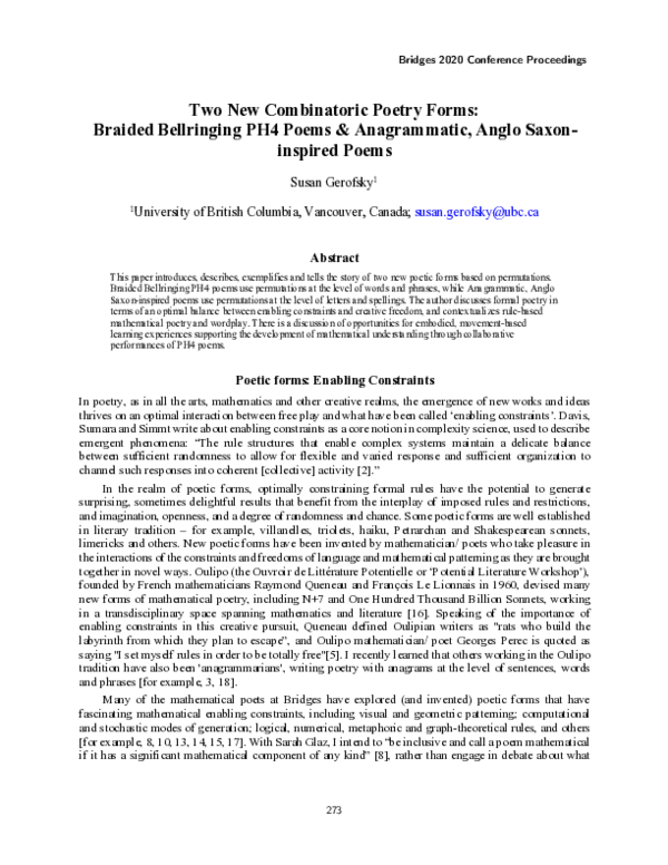 (PDF) Two New Combinatoric Poetry Forms: Braided Bellringing PH4 Poems ...