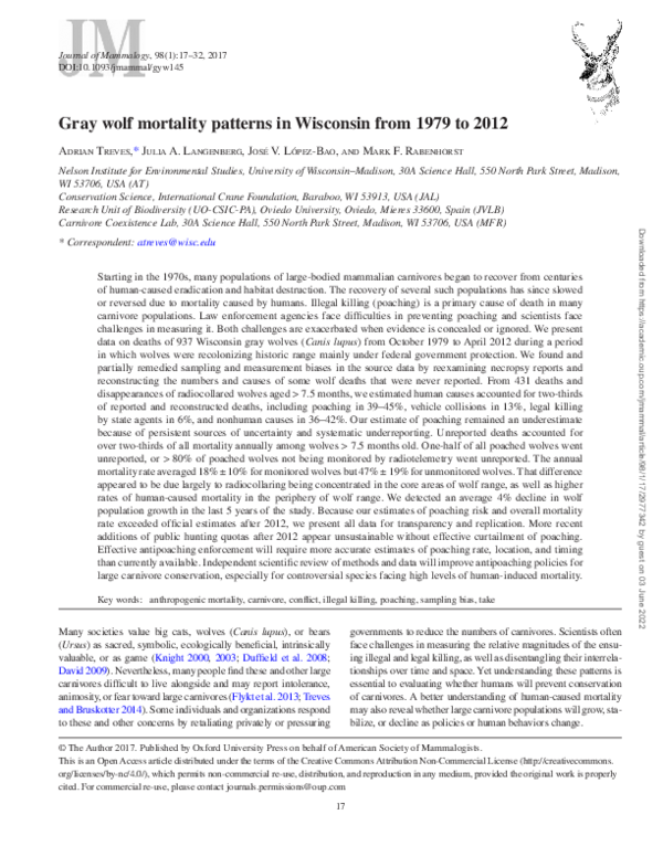 (PDF) Gray wolf mortality patterns in Wisconsin from 1979 to 2012