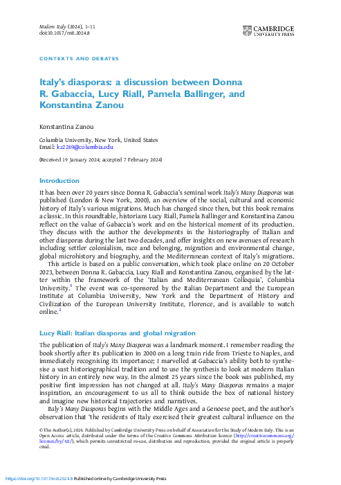 (PDF) "Italy's diasporas: a discussion between Donna R. Gabaccia, Lucy ...