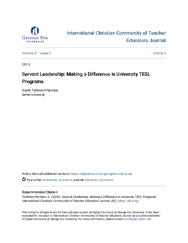 (PDF) Servant Leadership: Making a Difference in University TESL Programs
