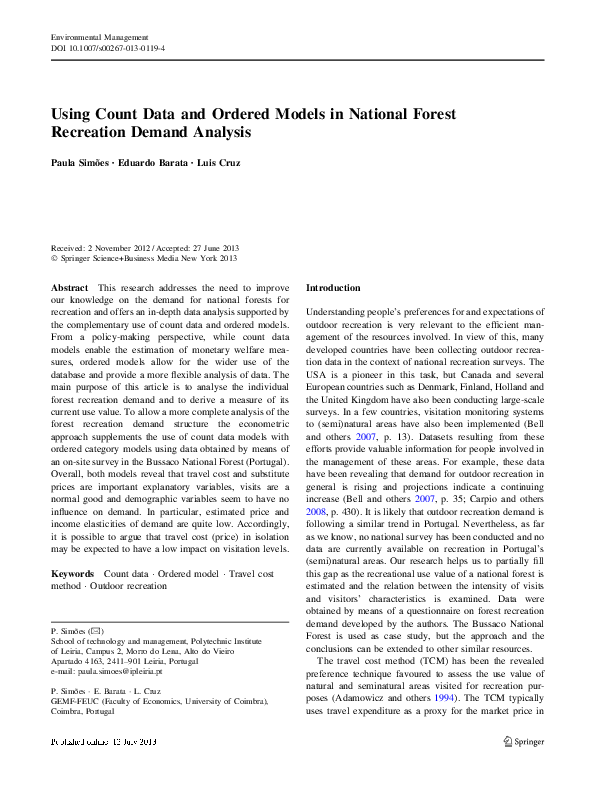 (PDF) Using Count Data and Ordered Models in National Forest Recreation Demand Analysis