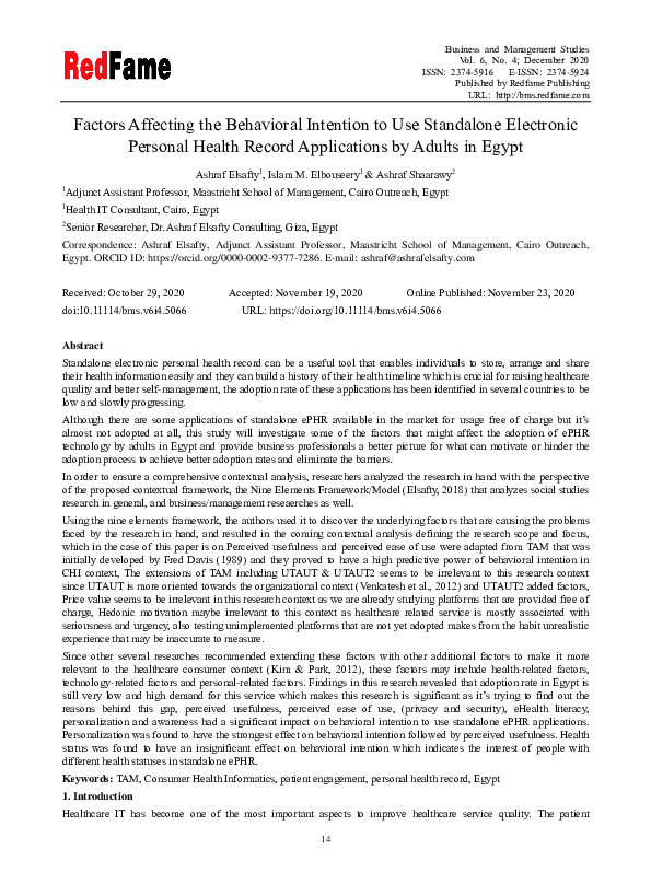 (PDF) Factors Affecting the Behavioral Intention to Use Standalone Electronic Personal Health ...