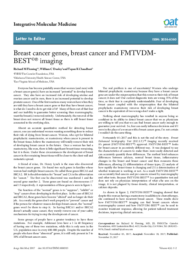 (PDF) Breast cancer genes, breast cancer and FMTVDM-BEST©Ⓟ imaging