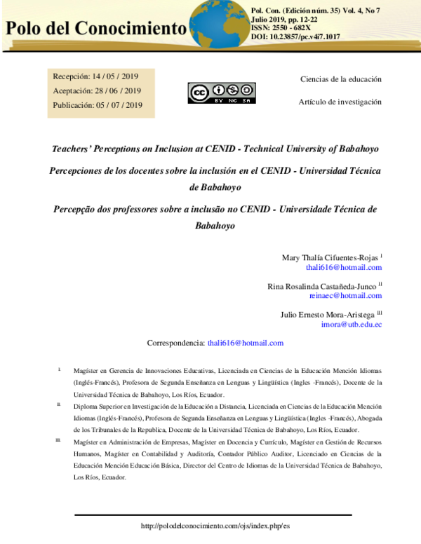(PDF) Teachers’ Perceptions on Inclusion at CENID - Technical ...