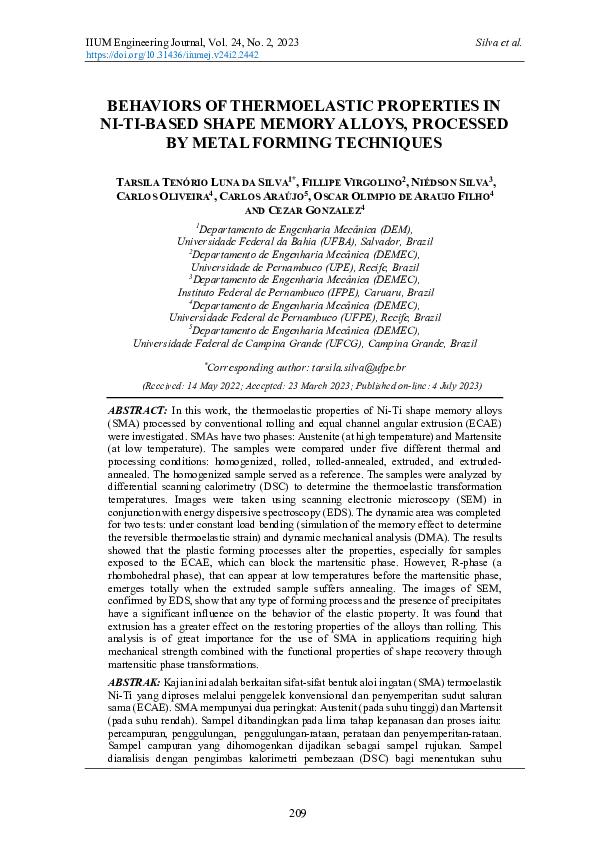 (PDF) Behaviors of Thermoelastic Properties in Ni-Ti Based Shape Memory Alloys, Processed by ...