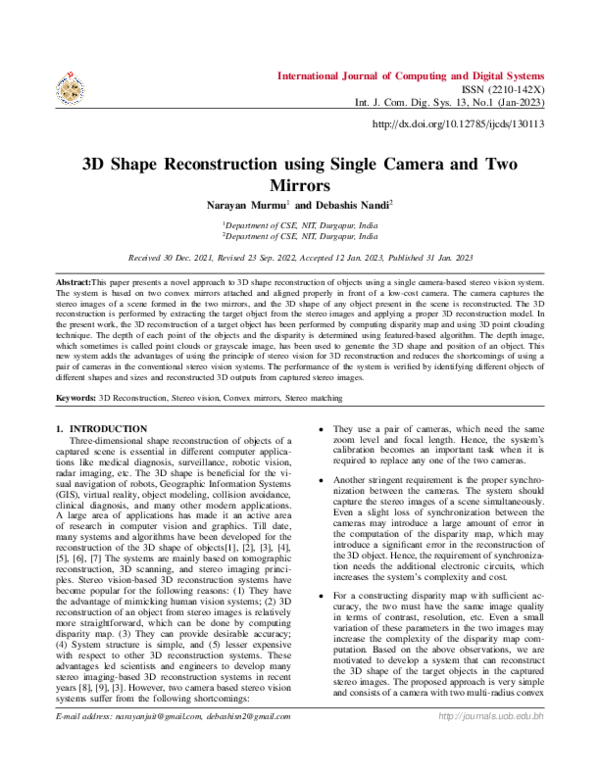 (PDF) 3D Shape Reconstruction using Single Camera and Two Mirrors