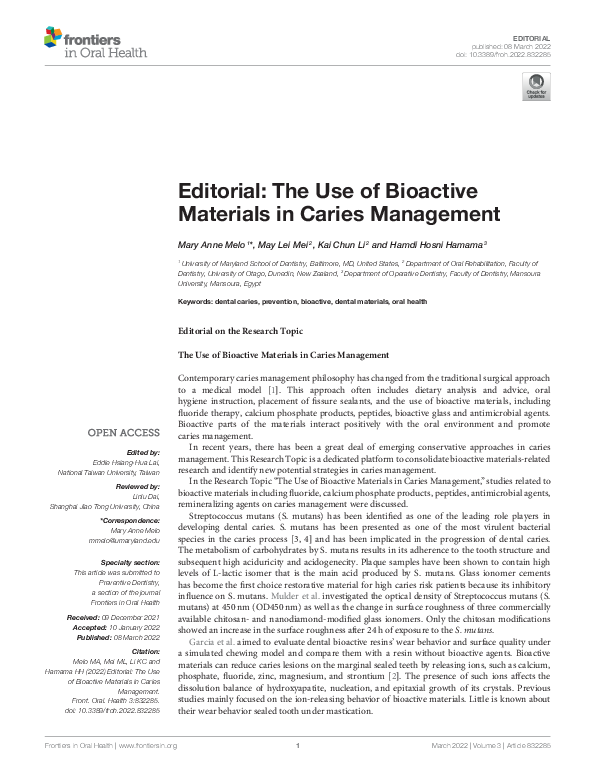(PDF) Editorial: The Use of Bioactive Materials in Caries Management