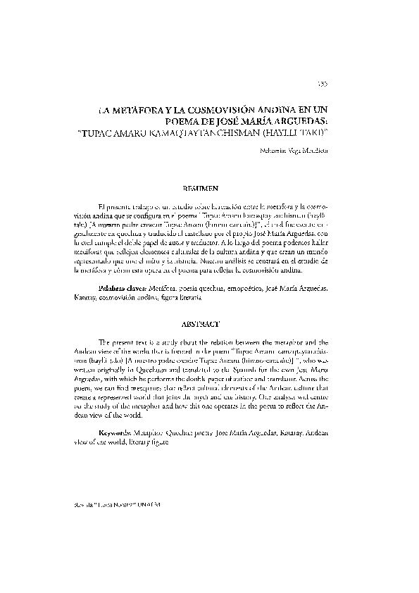 (PDF) La metáfora y la cosmovisión andina en un poema de José María Arguedas: Tupac Amaru Ka