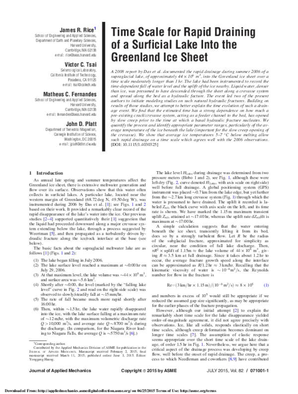 (PDF) Time Scale for Rapid Draining of a Surficial Lake Into the ...