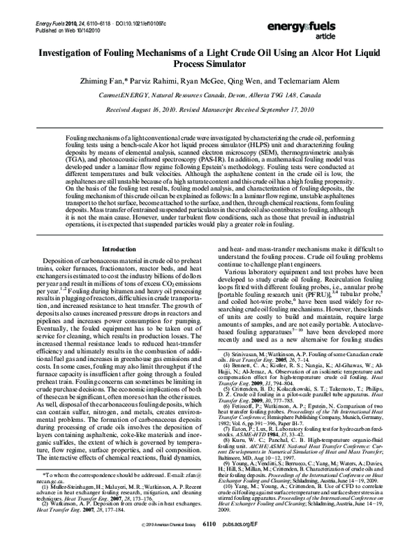 (PDF) Investigation of Fouling Mechanisms of a Light Crude Oil Using an ...