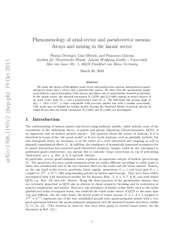 (PDF) Phenomenology of axial-vector and pseudovector mesons: decays and ...
